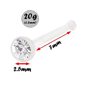 bodyjewellery 3Pcs 20g 0.8mm Nose Stud Bone Straight Bar Nostril Ring Clear Bioflex Flexible 2.5mm Clear Crystal Pick Color