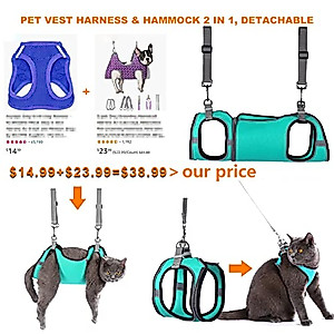 RHD Multi-Function Detachable Pet Grooming Hammock Harness & Vest Harness, 4.6ft Nylon Pet Leash, Pet Grooming Supplies Kit with Nail Clippers, Nail File, Pet Comb - Soft,Mesh,Reflective Thread,Cyan,S