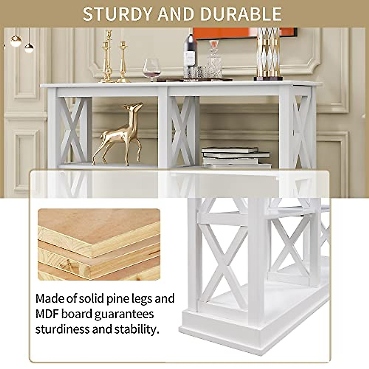 Livavege Console 3-Tier Open Storage, Narrow Sofa Entry Way w/Wood X-Shaped Frame, Entrance Tables for Small Space, Living Room, Entryway, Foyer, Hallway, Office, White