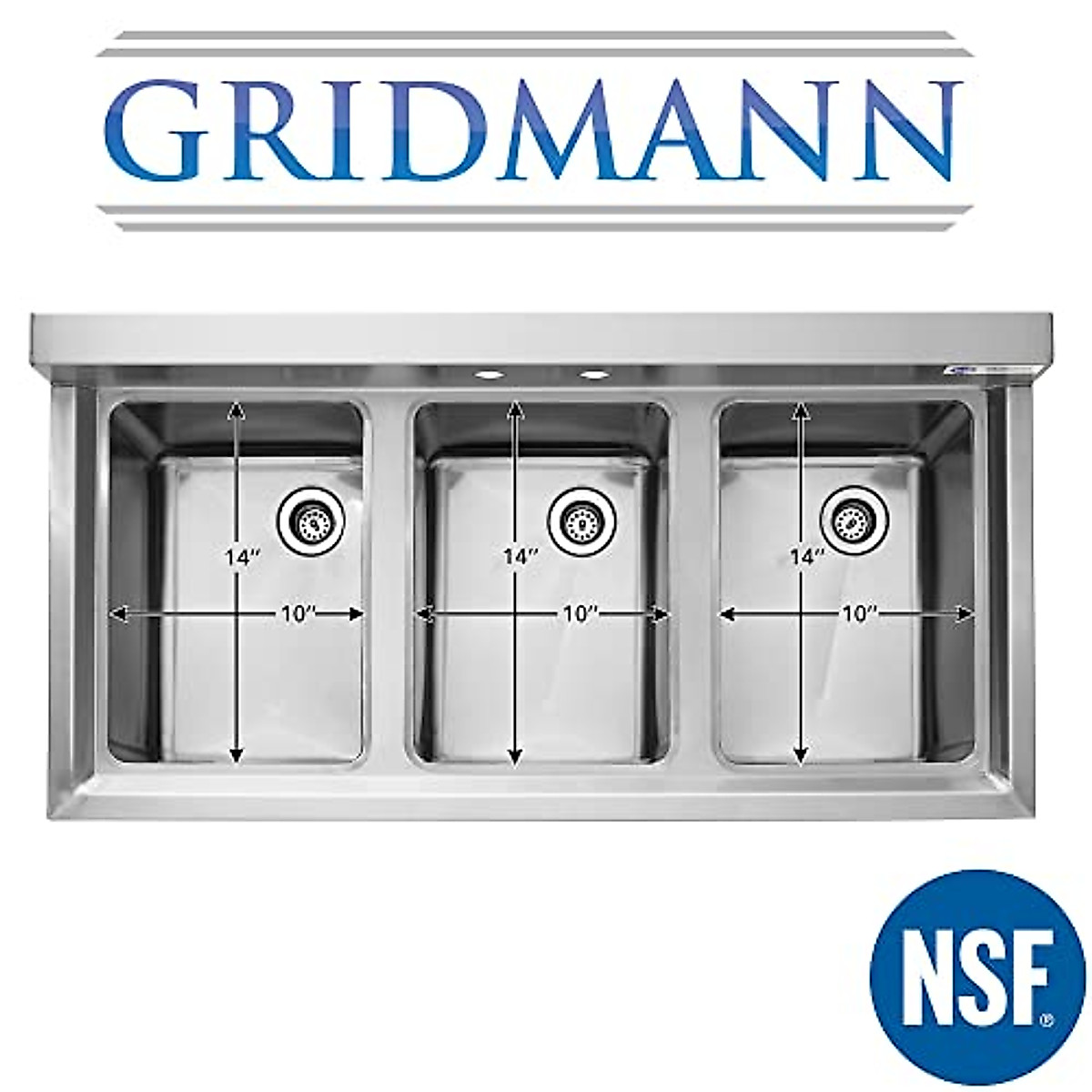 GRIDMANN 3 Compartment Stainless Steel Bar Sink, NSF Commercial Kitchen Underbar Sink with 10" L x 14" W x 10" D Bowls for Restaurant, Laundry, Garage