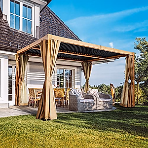 HAPPATIO Louvered Pergola 10x13 Outdoor Pergola, Woodgrain-Look Metal Pergola with Adjustable Rainproof Roof, Patio Pergola with Curtains and Mosquito Nets, Aluminum Pergola for Patio, Backyard, Deck