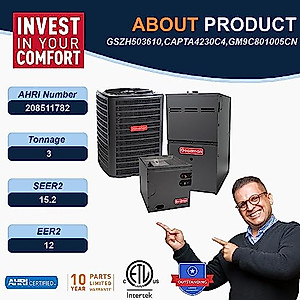 Goodman 3 Ton 15.2 SEER2 Single Stage Heat Pump GSZH503610 and 100,000 BTU 80% AFUE Multi-Speed Gas Furnace GM9C801005CN Upflow System with CAPTA4230C4