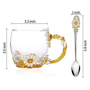 Glass Tea Mug, Mother's Day Gifts, Handmade Enamel Daisy Flower Coffee Cup Set with Handle, Unique Valentine's Day Birthday Gift Idea for Women, Christmas New Year Party Supplies - 12oz Gold
