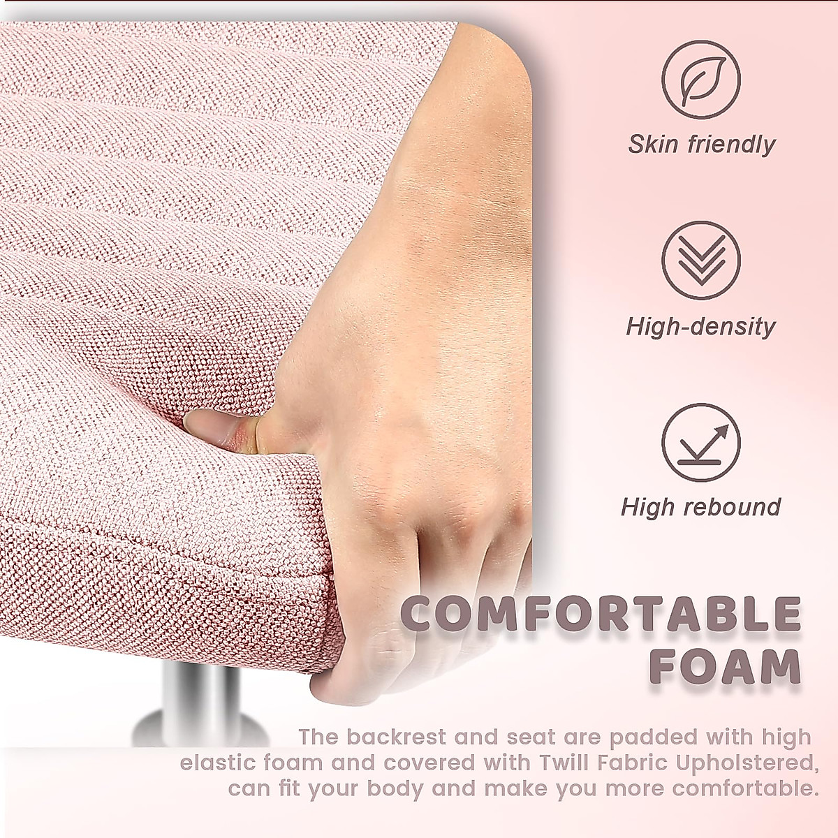 LEMBERI Fabric Padded Desk Chair No Wheels, Armless Wide Swivel Home Office Desk Chair,120° Rocking Mid Back Ergonomic Computer Task Vanity Chair for Office, Home, Make Up,Small Space (Pink)