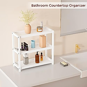 Bathroom Countertop Organizer - 3 Tier Bamboo Storage Shelf for Makeup, Skincare, Spices, Seasonings - Bathroom Vanity Accessories - Wall Mounted Floating Shelves - Over Toilet Shelving, Simply White