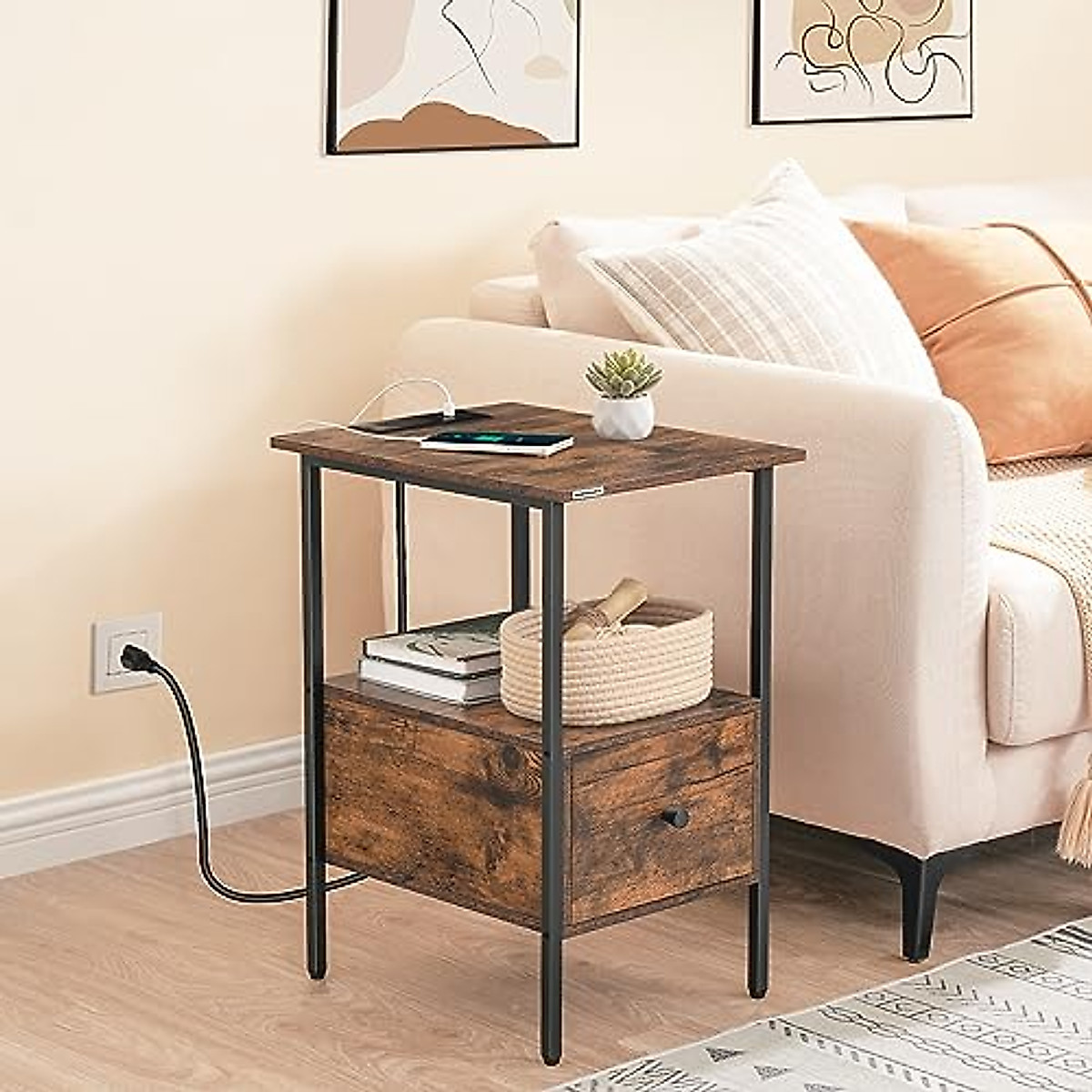 MAHANCRIS 2 End Table with Charging Station, Side Table with Imitation Rattan Drawer, 17.3-Inch Bedside Table with Wooden Drawer, Stable Beside Table, Narrow Side Table for Bedroom ETHR44E01-ETHB73E01