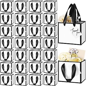Yeaqee 50 Pcs Mini Gift Bags with Handles Small Christmas Gift Bags Metallic Foil Paper 4x4.75x2.25'' Extra Small Thank You Gift Bags Bulk with Tag for Christmas Birthday Party Wedding(White, Black)