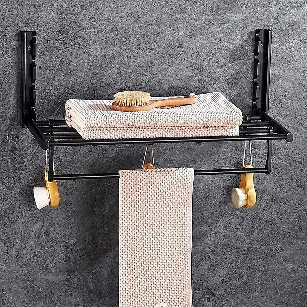 YOtat Bathroom Towel Rack Towel Bar Foldable Bath Towel Rack with Hooks Wall-Mounted Towel Holder Hotel Rail Shelf Bathroom Kitchen Storage Rack Holder Towel Holder Towel Rail, 57cm, Schwarz