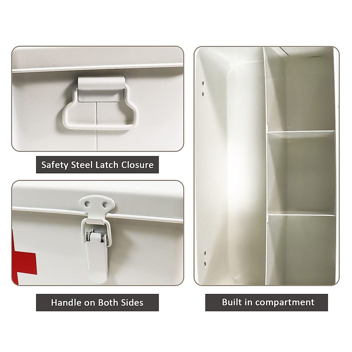 Xbopetda First Aid Medicine Box, First Aid Kit Supplies Bin, Metal Medicine Storage Tin, First Aid Empty Box with Safety Lock for Home Emergency Tool Set-White