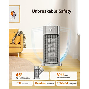 Space Heater, Heaters for Indoor Use with Thermostat, 1500W Electric Heaters with Remote, Digital Display, 70°Oscillating Room Heater, 12H Timer, Safety Heater for Room Home Office, Silver