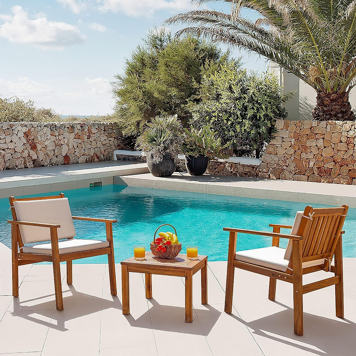 Devoko Patio Set 3 Piece Acacia Wood Outdoor Furniture Conversation Seat with Table & Cushions Porch Chairs for Balcony, Deck, Backyard, Beige