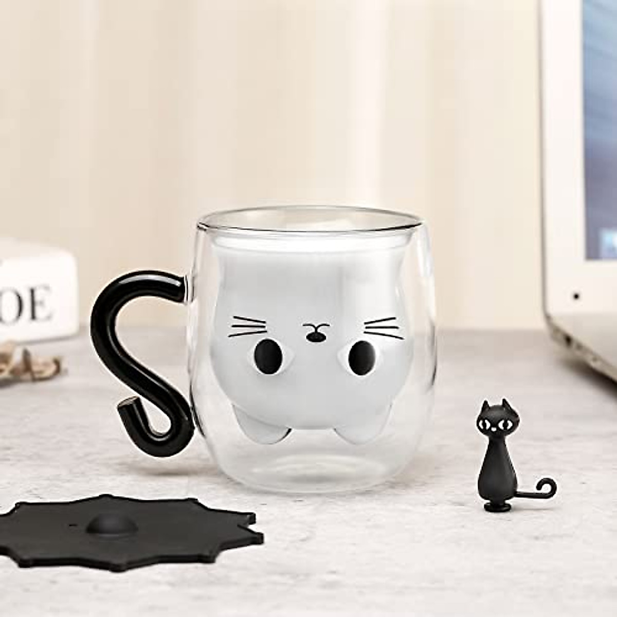 Phitihui Cat Mugs, Double Wall Glass Cute Coffee Tea Cup, Graduation Valentines Mothers Day Easter Halloween Christmas Gifts for Women Wife Mum Her Girl Teacher Friend, Birthday Present Idea (Black)