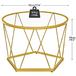 HOOBRO Coffee Table, Gold Glass Coffee Table for Living Room, 27.6" Round Coffee Table, 1 Layer Center Table, Metal Frame, Hexagonal Design, for Small Space, Reception Room, Apartment, Golden GD70KF01