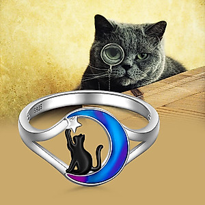 Black Cat Ring Sterling Silver Cat Rings for Women 925 Cute Animal Kitty On Moon White Gold Pet Remembrance Memorial Loss Jewelry Gifts Size 8