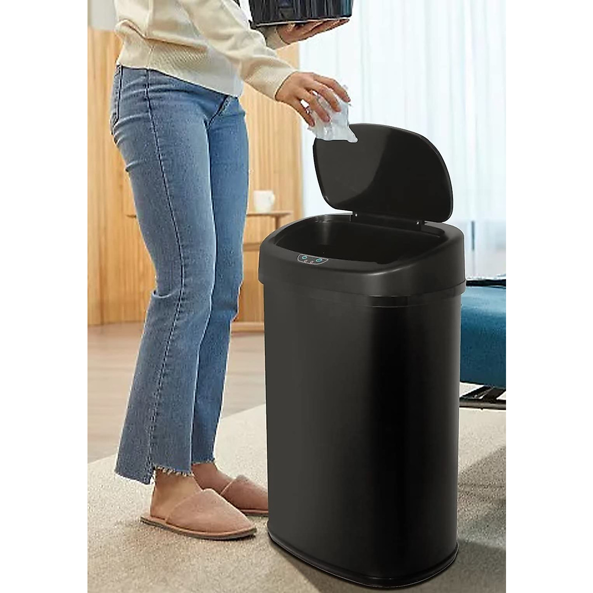 YIQIEDEY Automatic Trash Can Touchless Stainless Steel Trash Can 13 Gallons Large Size Mute Kitchen Trash Can with Odor Control System Suitable for Kitchen, Bathroom, Room, Office (Black)