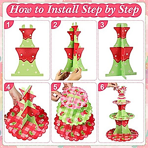 Rtteri 3 Tier Strawberry Themed Party Cupcake Stand Decorations Berry First Birthday Cupcake Holder Decor Summer Fruit Dessert Tower for Kids Girl Baby Shower Sweet 1st Birthday Party Supplies