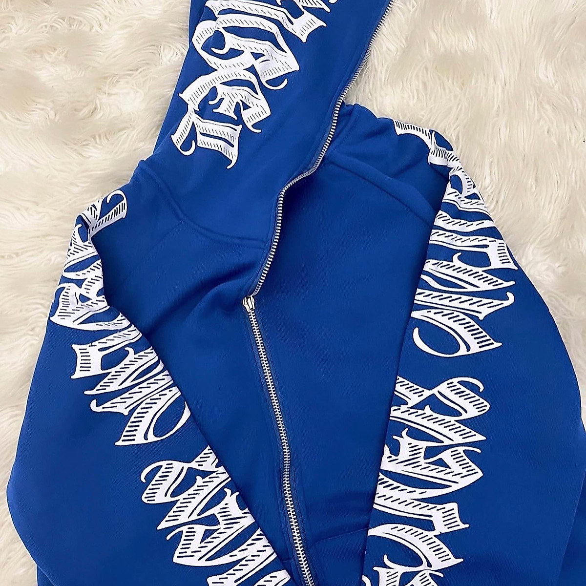 PLAYPUNK Women Zip Up Hoodie Y2k Letter Graphic Print Rhinestone Oversized Hoodies Gothic Jacket Vintage Streetwear (Blue, M)
