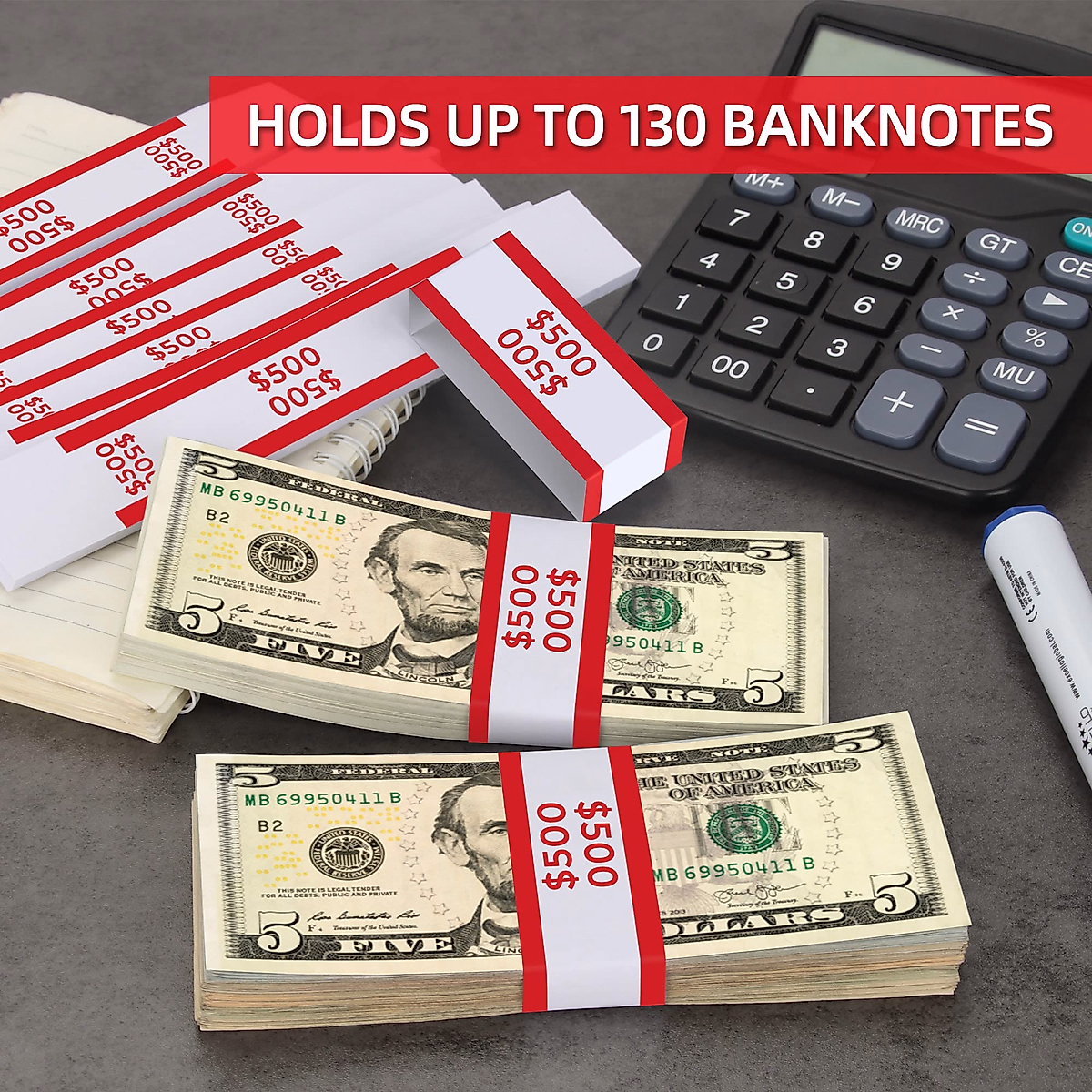 Money Bands 550 Pack for Cash Self Adhesive Wrappers for Bills Currency Straps for Dollar Wraps Organizer($500 / Red)