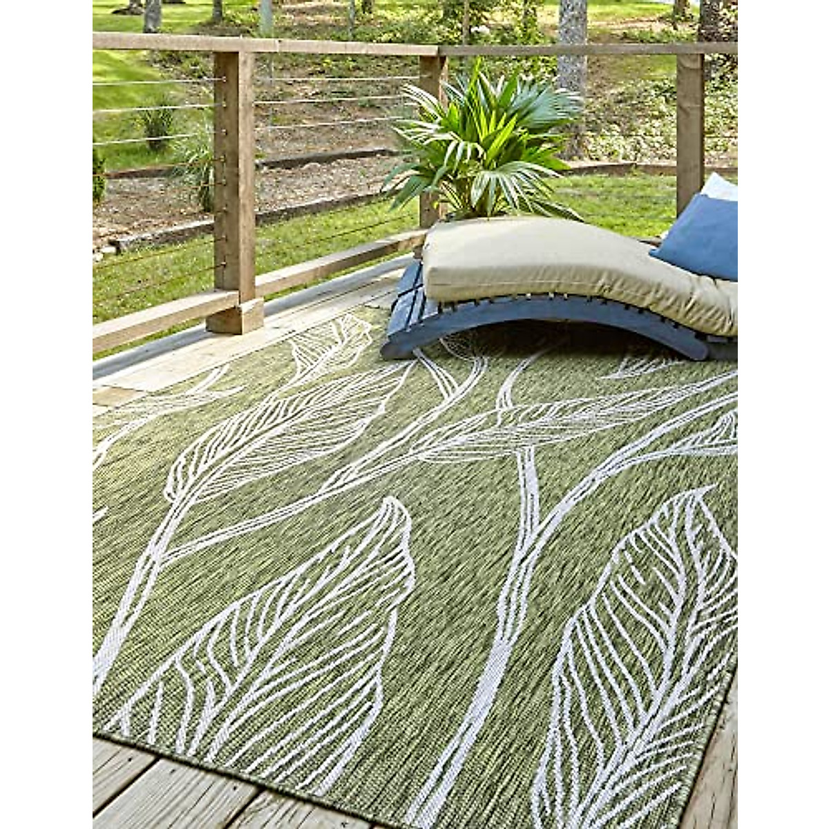 Unique Loom Collection Botanical, Coastal, Leaves, Indoor and Outdoor Area Rug, 8 ft x 11 ft 4 in, Green/Ivory