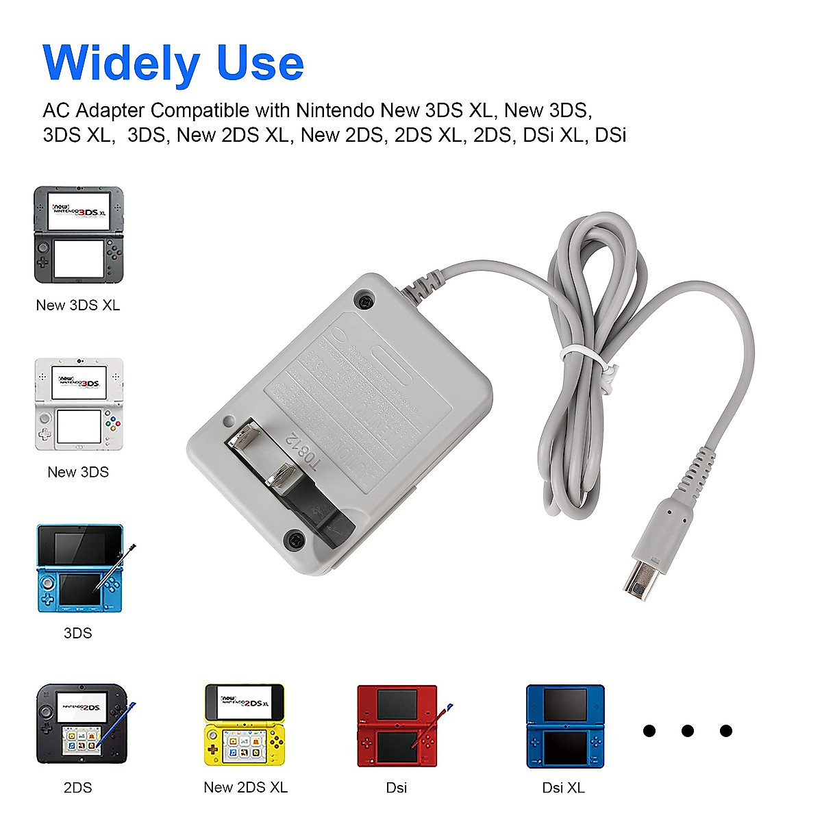 3DS Charger, AC Adapter Home Travel Charger Wall Plug Power Adapter Compatible with Nintendo New 3DS XL, New 3DS, 3DS XL, 3DS, New 2DS XL, New 2DS, 2DS XL, 2DS, DSi XL, DSi(100-240 V)