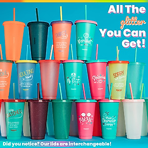 Cups with Lids and Straws for Adults - 5 Glitter Reusable Cups with Lids and Straws in Candy Colors, 24 oz Iced Coffee & Bulk Party Tumblers, Plastic Tumbler with Lid and Straw for Water & Smoothie