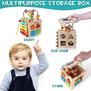 HELLOWOOD Wooden Activity Cube, 8-in-1 Montessori Toys Gift Set for 12+ Months Boys & Girls, Educational Learning Toys for Toddlers Age 1-2, One Year Old Baby Birthday Gifts, Bonus Sort & Stack Board