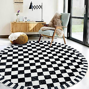 Lacomfy Checkered Rug 5.2Ft Round Modern Rug Circle Buffalo Plaid Check Bedroom Carpet Nonslip Farmhouse Floor Mat Washable Checkerboard Area Rug for Living Room Home Decor, Black