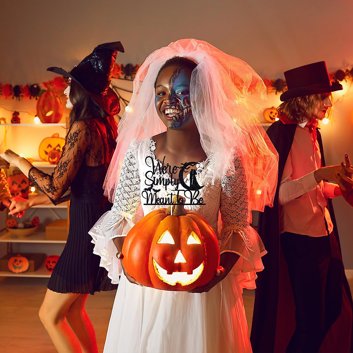 Black Glitter We're Simply Meant to Be Cake Topper, Halloween Couples Bride Groom Wedding Cake Décor, Killer Skeleton Vampire Fantasy Horror Themed Wedding Party Decorations