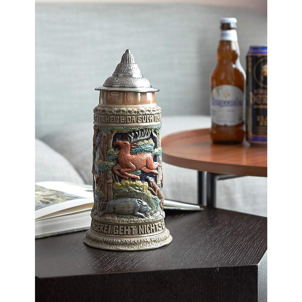 HAUCOZE Beer Stein Mug German Hunting Drinking Stanley Viking Tankard with Petwer Lid for Birthday Gifts Men Father Husband 0.6 Liter