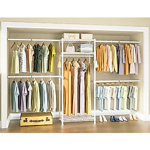 Ulif M3 Clothes Rack Closet Organizer and Storage System 3 Tiers Built-in Wall Mounted Heavy Duty Garment Rack with 4 Expandable Hanger Rods, Fits Space 4.3-9.3 ft, 72.2"H, Load Capacity 710LBS, White