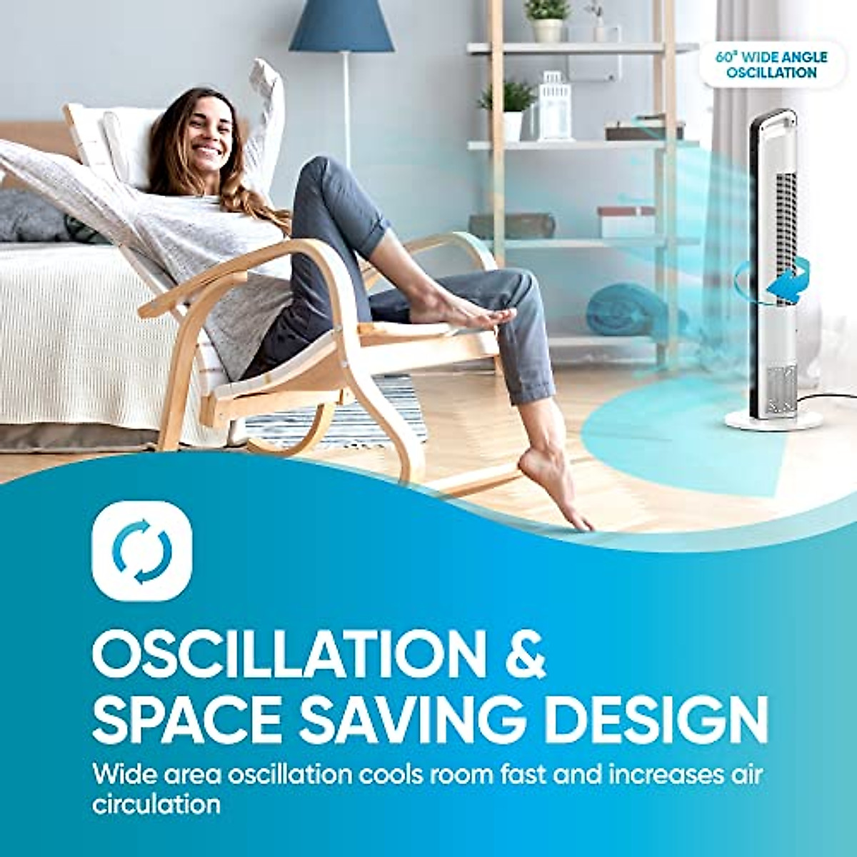 Comfort Zone CZTF421RWT 42" Oscillating Tower fan with Remote Control, Easy-to-Use Touch Screen with LED Display, 3-Speed Settings, 7-Hour Timer, White