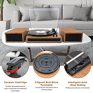 LP&No.1 Record Player, Wireless Turntable with Stereo Bookshelf Speakers,Vinyl Record Player,Support Wireless,Auto-Stop.(Yellow Wood)