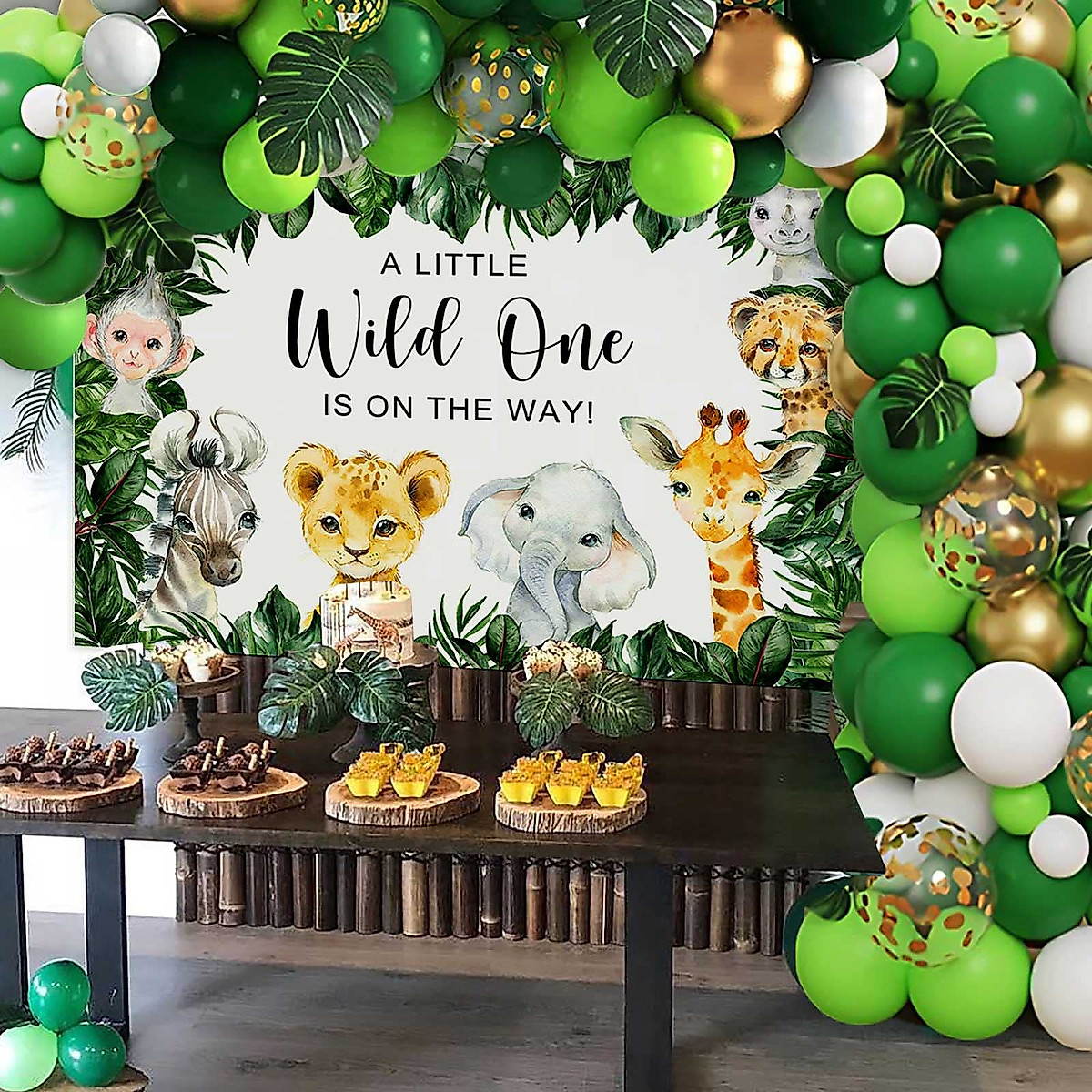 Yuzioey 224PCS Safari Baby Shower Decorations, Jungle Animals Oh Baby Party Supplies, Safari Disposable Dinnerware (Serve 24 Guests)with Paper Plates Cups, Backdrop Tablecloth Balloon Garland Kit