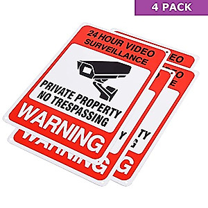 Olodeer 4 Pack Private Property No Trespassing Warning Sign,10x7 Inches 0.4 Aluminum Anti-Rust, 24 Hours Video Surveillance Warning Signs Outdoor Use
