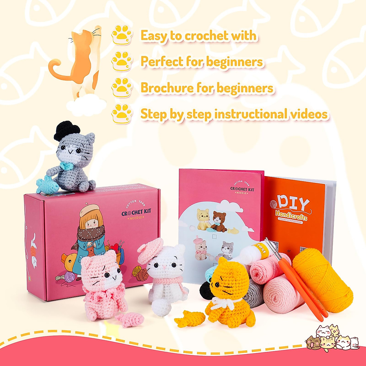 Crochet Kit for Beginners - Cat Crochet Kit with Step-by-Step Video Tutorials, Learn to Crochet Kits for Adults and Kids, 4 PCS Cat with Hat, Toy, Fish Crocheting Set