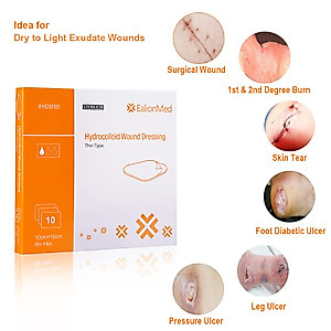 Hydrocolloid Bandage, Hydrocolloid Wound Dressing Thin Type 4'' x 4'' for Light Exudate Wound, Pressure Ulcer, Bed Sore, Surgical Wound,Superficial Wound, 10 Pack by EalionMed
