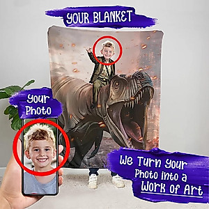 Duckbe Custom Photo Blanket - Dinosaur Designs with Customizable Picture - Soft Flannel Blanket with Double Layer Dotted Backing for Baby Toddler Kids Teen Boys Girls Adults Gifts T-Rex-Boy