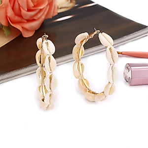 Hoop Earrings For Women Natural Cowrie Shell Beads Hoop Earrings Statement Stud Drop Earrings Bohemia Hawaii Wakiki Beach Jewelry (gold)