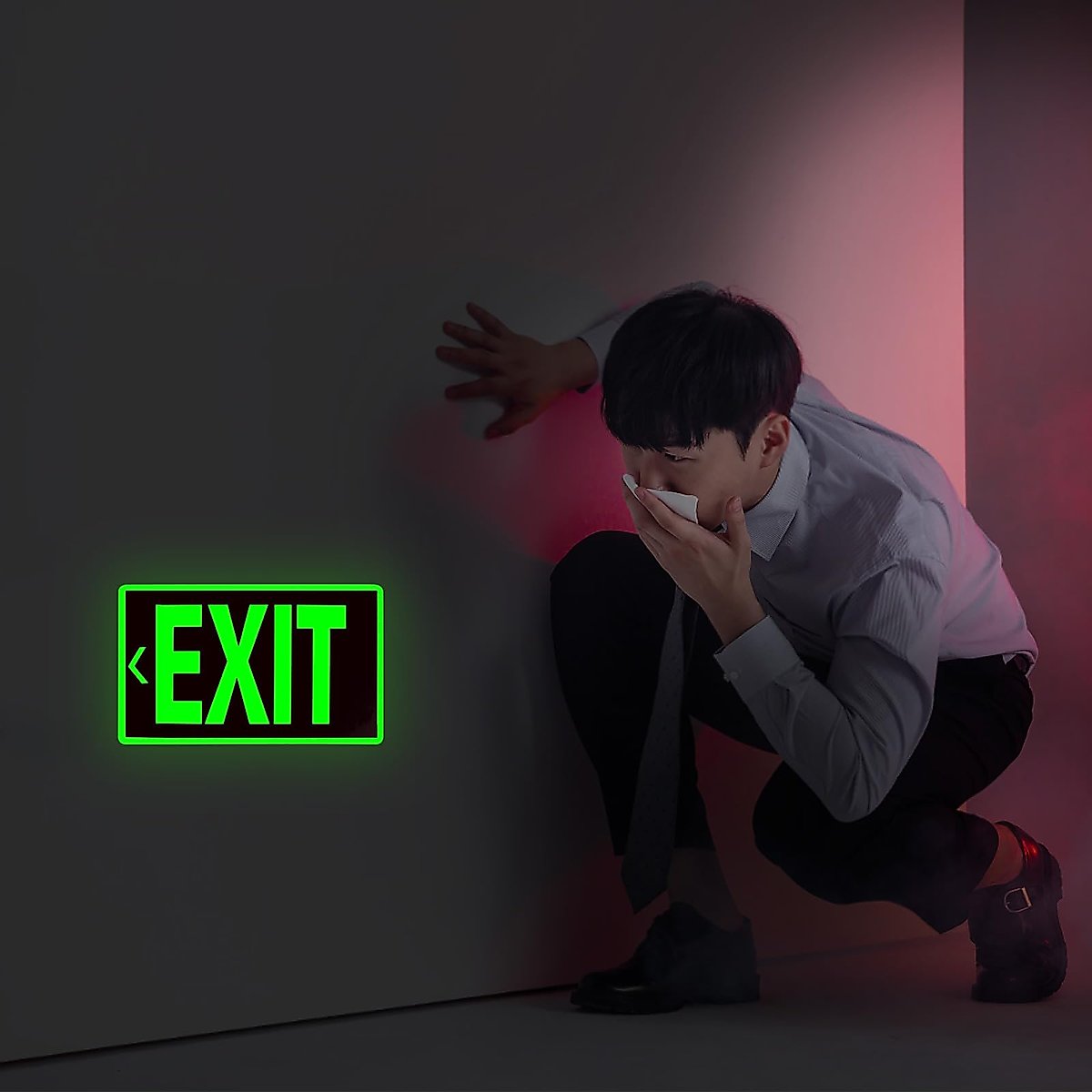 EXIT Sign - Glow In The Dark Photoluminescent EXIT Sign- 12"x7" Red With Adhesive Backing and Removable Directional Arrows Waterproof, Fade Resistant,4-Pack Exit Signs for Business