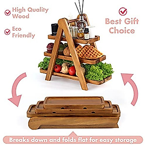 3 Tier Serving Tray Can Collapsible, Acacia Wooden Cupcake Stand Three Tiered, Tier Serving Stand with 3 Acacia Wooden Serving Platters for Entertaining, Rustic Wood Tray Vintage Party Buffet, Cupcake