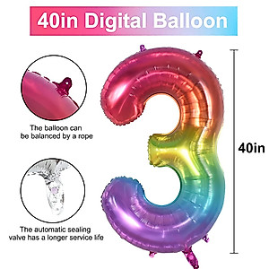TONIFUL 40 Inch Rainbow Jelly Large Numbers Balloon 0-9 Birthday Party Decorations,Foil Mylar Big Number Balloon Digital 3 for Birthday Party,Bridal Shower Engagement Photo Shoot, Anniversary