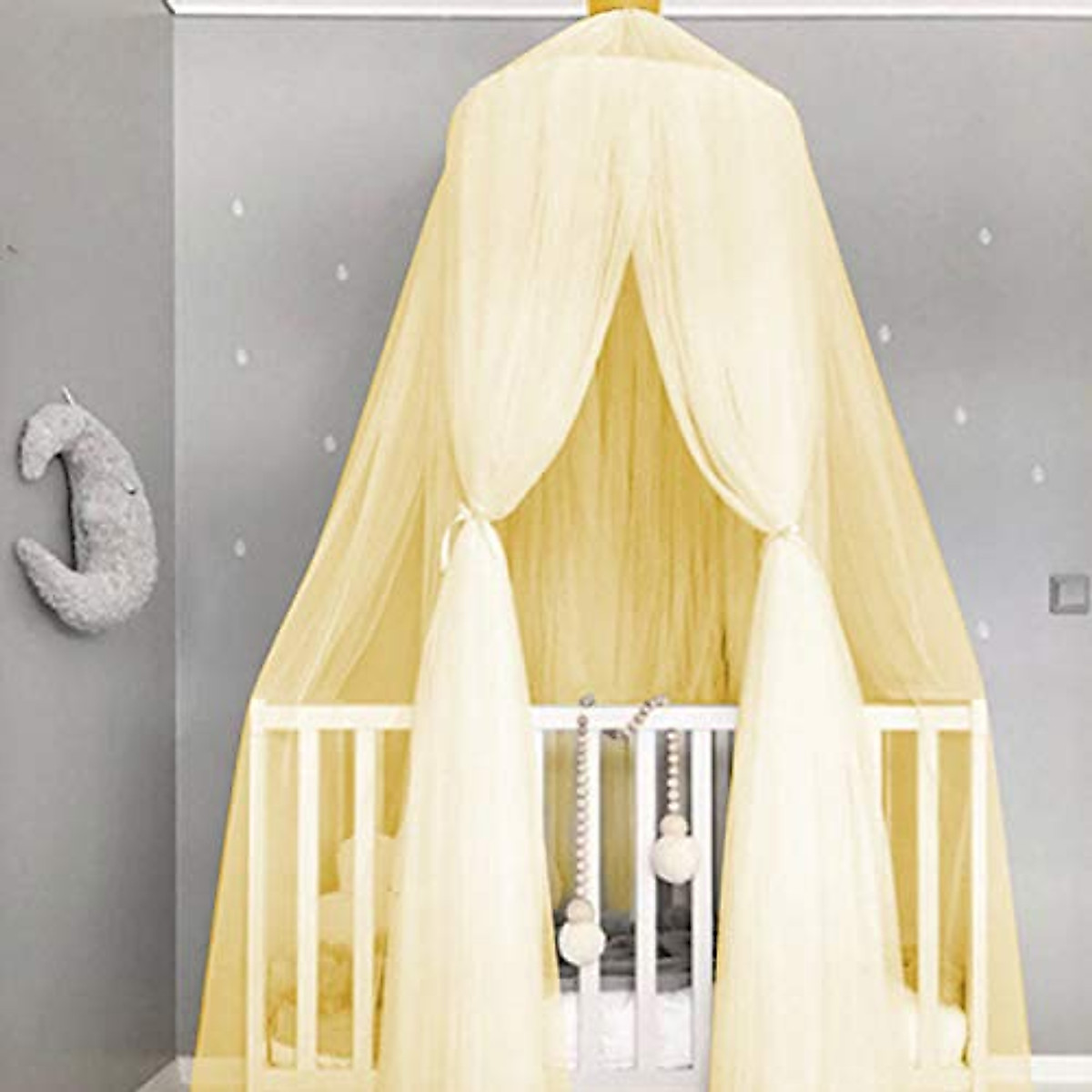 Jolitac Princess Bed Canopy for Girls Room Decor Round Lace Mosquito Net Play Tent Reading Nook Canopies Yarn Girl Dome Netting Castle (Yellow)