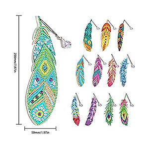5D Diamond Painting Bookmarks, 12 Pcs DIY Crystal Feather Bookmark, Rhinestone Feather Bookmarks Kits with Crystal Pendant for Kids Adults Home Class Craft School Supplies, 12 Styles