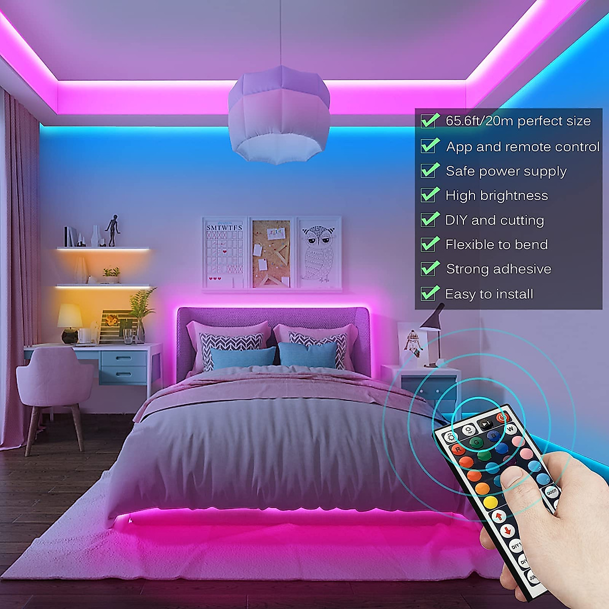 Led Lights for Bedroom, Music Sync LED Rope Lights APP Control with Remote, RGB Led Strip Lights for Room Kitchen Party Home Decoration (65.6ft)