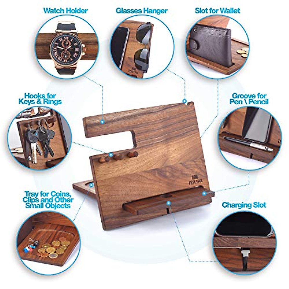 TESLYAR Natural Walnut Wood Phone Docking Station Hooks Key Holder Wallet Stand Watch Organizer Men Husband Anniversary Birthday Nightstand Purse Father Graduation Male Idea Gadgets Solid