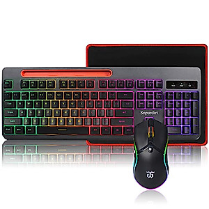 Snpurdiri Wireless Gaming Keyboard and Mouse Combo, True RGB Rechargeable Full Size Anti-ghosting Keyboard with Tablet/Phone Bracket, RGB Mouse,Long Battery Life for Gaming, Office