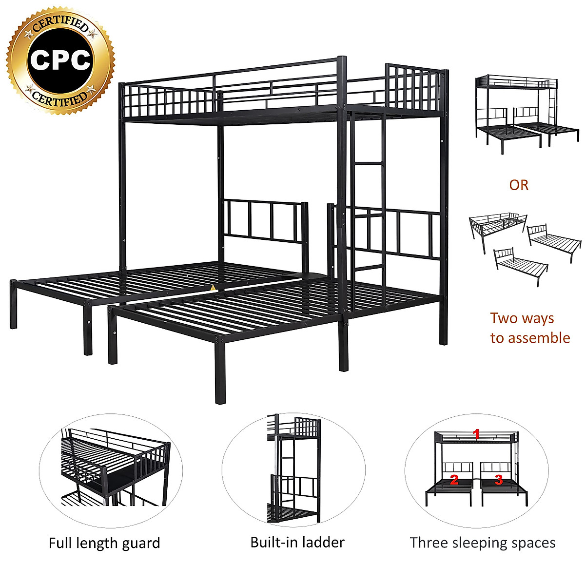 Harper & Bright Designs Twin Over Twin Bunk Beds for 3, Metal Triple Bunk Bed with Guardrails for Kids, Teens, Boys, Girls (Black)