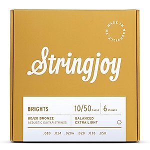 Stringjoy BB1050 Brights 80/20 Bronze Acoustic Guitar Strings, (Extra Light Gauge - 10-50)