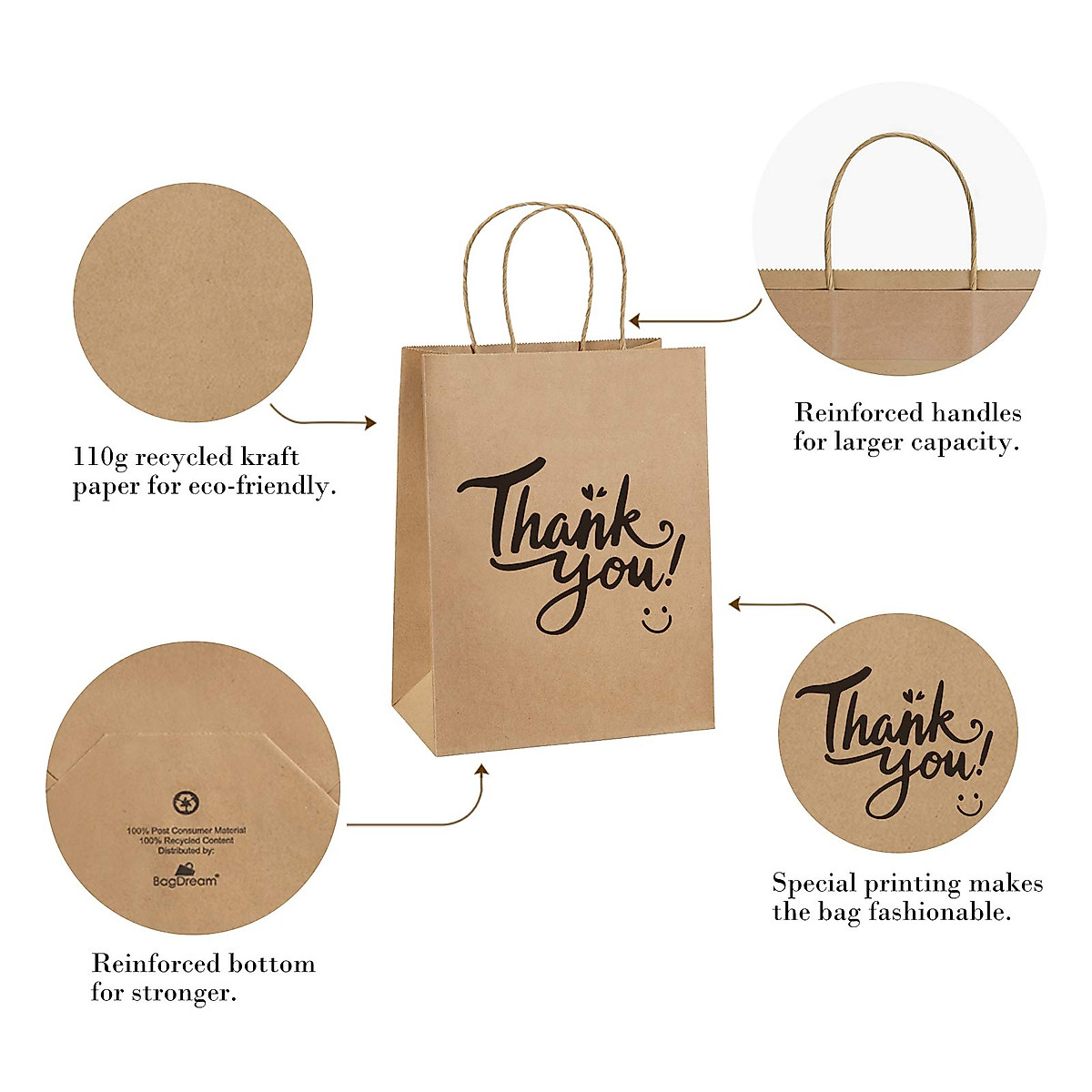 BagDream Paper Bags 8x4.25x10.5 25Pcs Thank You Gift Bags, Party Bags, Shopping Bags, Wedding Bags, Retail Bags, Merchandise Bags, Brown Kraft Paper Gift Bags with Handles