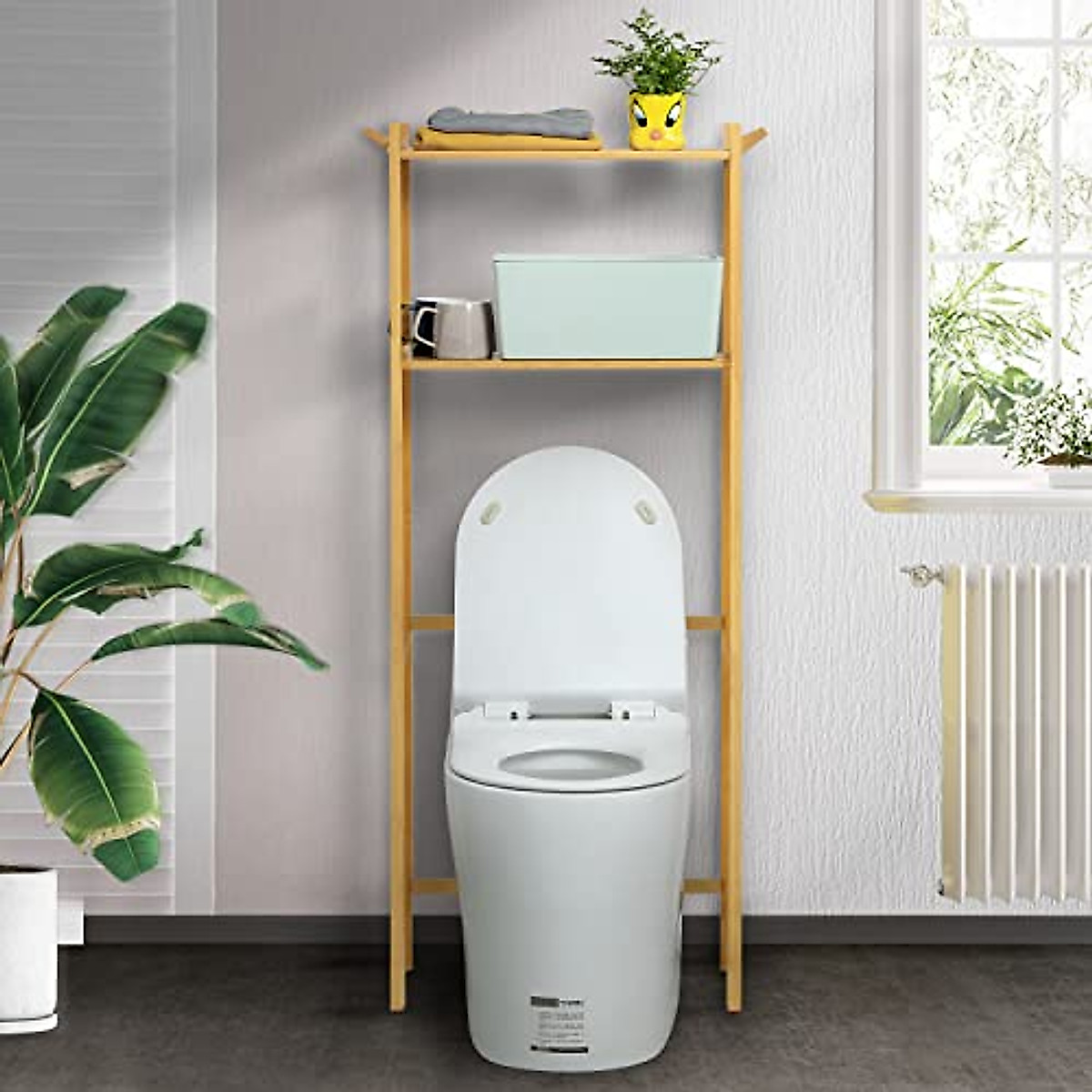 MoNiBloom 2-Tier Bamboo Over The Toilet Storage Rack with Hooks Freestanding Bathroom Space Saver Corner Stand Storage Organizer, Natural